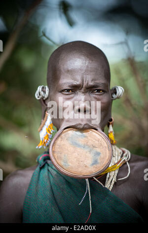Suri Woman in Kibish, Ethiopia 22 May 2014. Suri is the name of a ...
