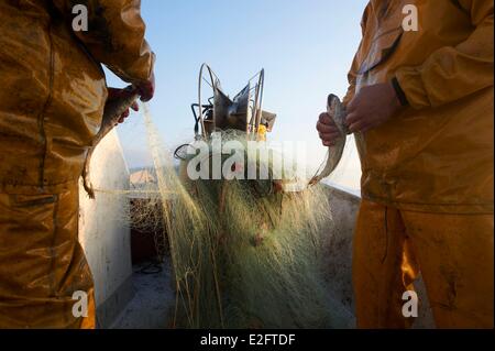 France Aude Gruissan Gregory Angulo master fisherman sea fishing off ...