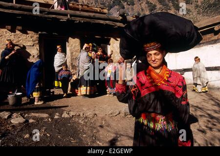 Kalash girl wearing a traditional headdress decorated with cowrie ...