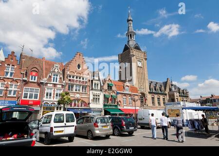 View of the Town Hall and square at Bailleul, Nord, Northern France ...