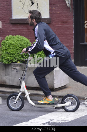 Actor Hugh Jackman seen riding a scooter around the West Village ...