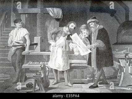 Gutenberg and Fust with the first printing press Germany 1450s. Hand ...