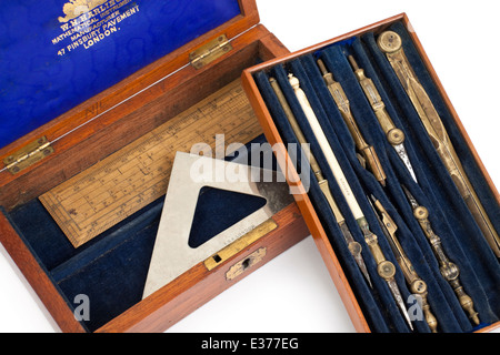 Antique Edwardian brass mathematical instrument set by W.H. Harling of ...