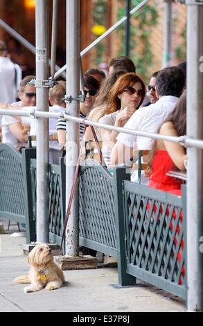 Carla Gugino sitting at an outdoor cafe table with her dog Featuring ...