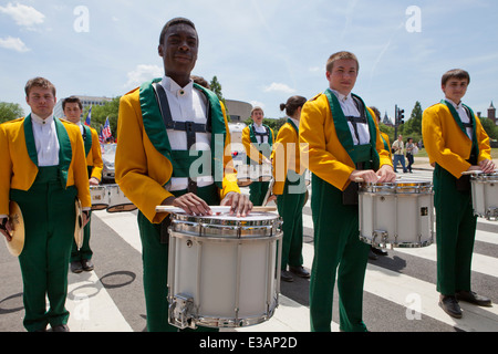 Percussion drum section of high school marching band in annual ...