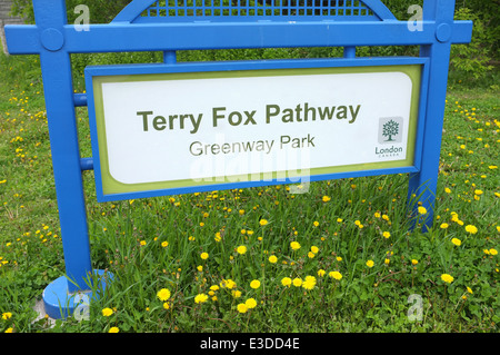 A Terry Fox Pathway sign at the entrance to Greenway Park in London ...