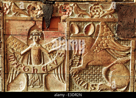 Dersingham, carved wood, 14th century chest, Medieval, detail, symbols ...