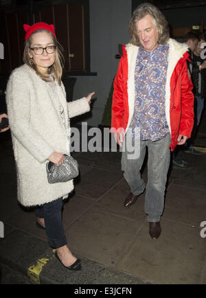 James May leaving Groucho Club wearing a red jacket and a psychedelic ...