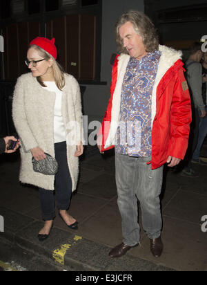 James May leaving Groucho Club wearing a red jacket and a psychedelic ...