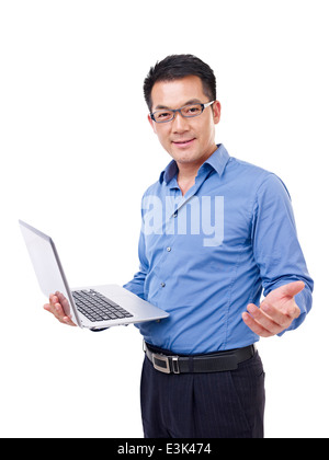 Korean Male Teacher Talking To Laptop Teaching Online In Classroom ...