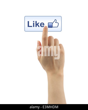 Hand pushing a Like button on a touch screen interface Stock Photo - Alamy