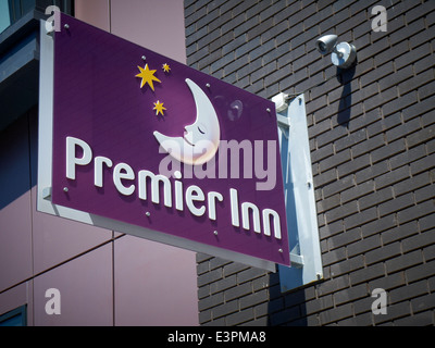 Premier Inn sign and logo on exterior of a hotel, UK Stock Photo - Alamy