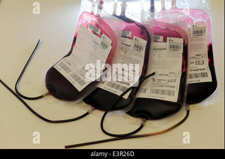 Blood bottles are laying on a table in the blood donation centre of the ...