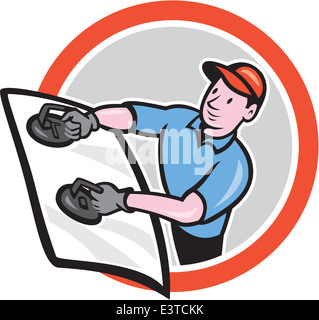 Illustration of automotive glass installer carrying windshield viewed ...