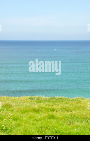 cornwall - cliff top path -nr Polzeath - view across Hayle Bay to ...