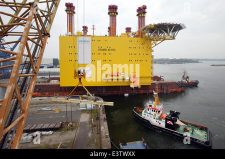 The SylWin alpha converter platform is seen at the quay of Nordic Yards ...