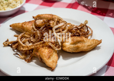 Fried Kreplach (Jewish dumplings filled with ground meat) served with ...