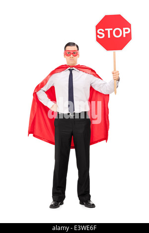 Full length portrait of an angry superhero gesturing with his finger ...