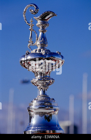 The America's Cup trophy, known as the "Auld Mug," is seen before a ...
