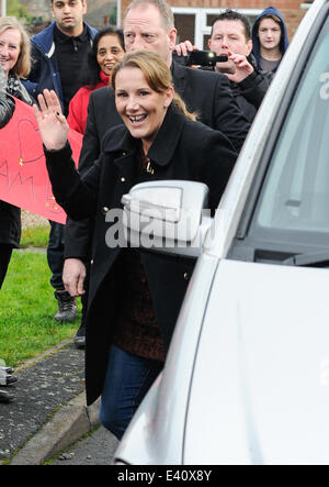 Sam Bailey greets fans outside her family home in Leicester. Sam is one ...