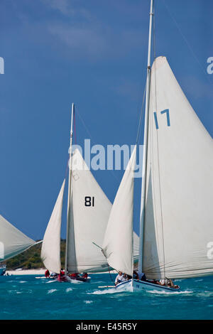 Fleet of boats racing in the Bahamian Sloop regatta, Georgetown, Exumas ...