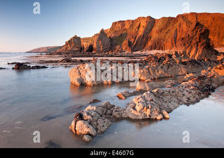 Geological rock strata at Sandymouth Bay in North Cornwall England ...