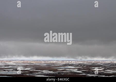 Aerial view of partially frozen tundra, Taimyr Peninsula, Siberia ...