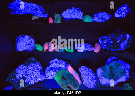 flourescent minerals glowing in ultra violet light at the Threlkeld ...