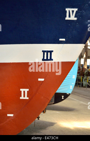 Draft or draught marks on the hull of a ship which has developed ...