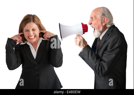 businesswoman being yelled at by male manager businessman through a ...