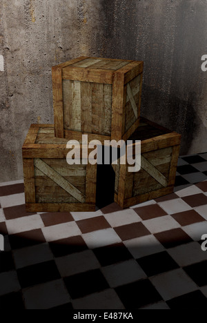 old wooden boxes in a dirty warehouse in 3d Stock Photo - Alamy