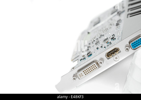 A modern video card with an HDMI, VGA, and a DVI dual link outputs ...