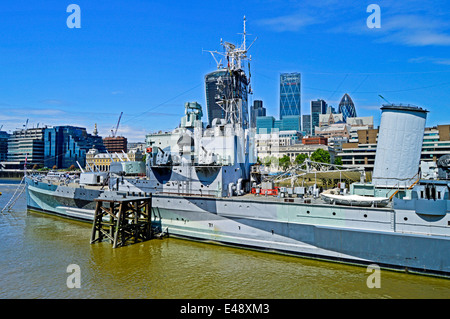 The iconic cruiser HMS Belfast moored on the River Thames in the Pool ...