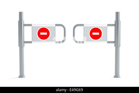 Closed entrance turnstile with access denied red sign. Security barrier ...