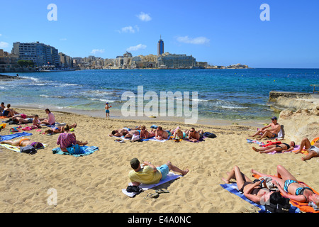 Small beach on seafront, Exiles Bay, Sliema (Tas-Sliema), Northern ...