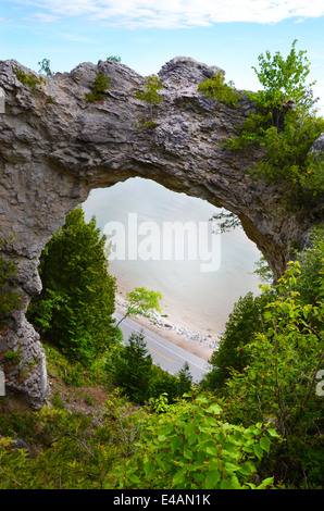 A view of Arch Rock on Mackinac Island in Northen Michigan, USA. This ...
