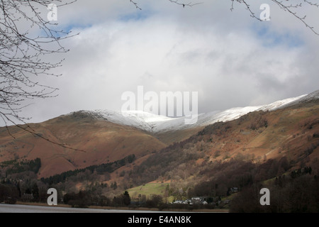 Storm passing over the snow covered summit of Seat Sandal viewed from ...