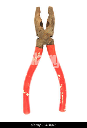 used old Metal pliers with red grips isolated on white background with ...