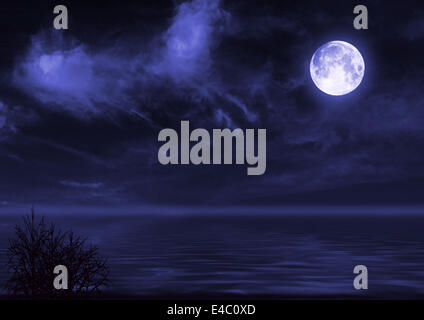 Abstract blue moon over water sea and horizon with reflections ...