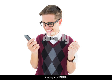 Excited geeky hipster texting on the phone Stock Photo - Alamy