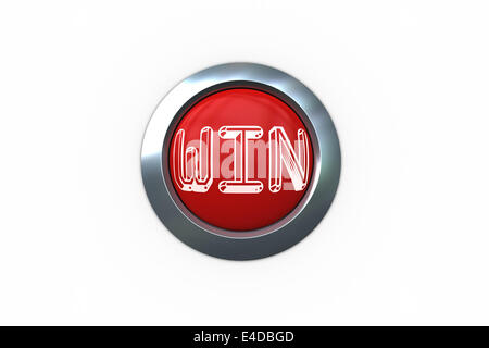 The word win and digitally generated red push button against white ...