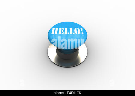 The word hello on blue push button on white background Stock Photo - Alamy