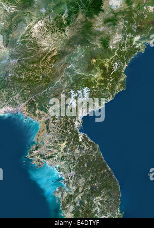 North Korea, Asia, True Colour Satellite Image With Border And Mask. Satellite view of North ...