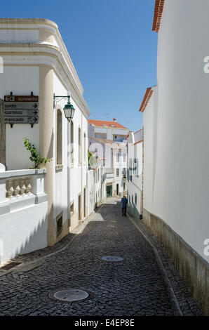 Cobbled street with white houses in the Spanish town of Zahara de la ...