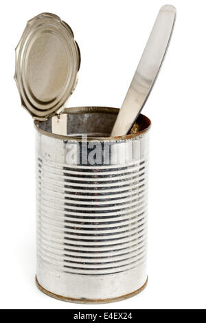 Empty canned food tin with spoon on wooden table - unhealthy eating ...