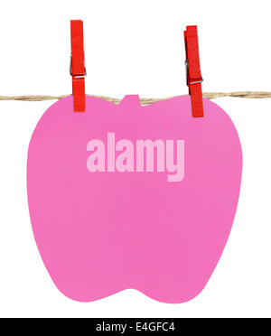 Notepad shaped apple hanging from a rope on white Stock Photo - Alamy
