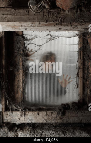 Photo of zombies outside a window that is covered with spiderwebs and ...