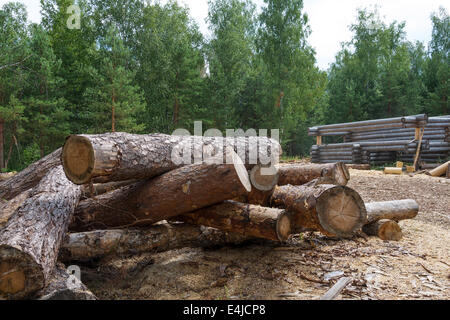 Sawn and planed stacked timber in sawmill yard, Cerknica, Slovenia ...