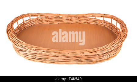 Empty round wicker tray on white background with natural handmade ...