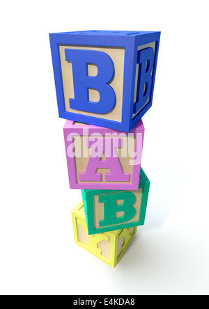 A stack of four regular baby blocks in various colors spelling out the ...